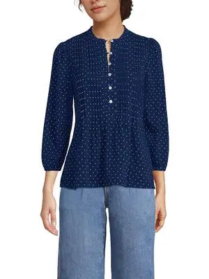 LANDS' END Lightweight Jersey Pintuck Top - Deep Sea Navy Pin Dot