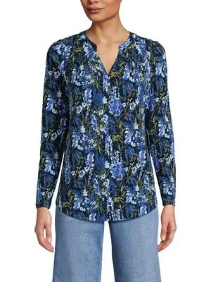 LANDS' END Long Sleeve Jersey Tunic Top - Deep Sea Multi Floral