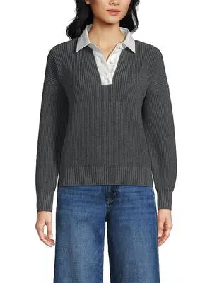 LANDS' END Drifter Rugby With Woven Collar Sweater Charcoal Heather