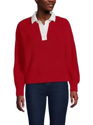LANDS' END Drifter Rugby With Woven Collar Sweater Compass Red
