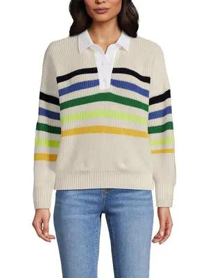 LANDS' END Drifter Rugby With Woven Collar Sweater Ivory/multi Gem Placed Stripe