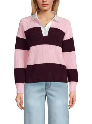 LANDS' END Drifter Rugby With Woven Collar Sweater Lush Burgundy/pink Rugby