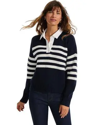 LANDS' END Drifter Rugby With Woven Collar Sweater Navy/ivory Placed Stripe