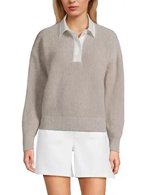 LANDS' END Drifter Rugby With Woven Collar Sweater Oatmeal Sprinkle Heather