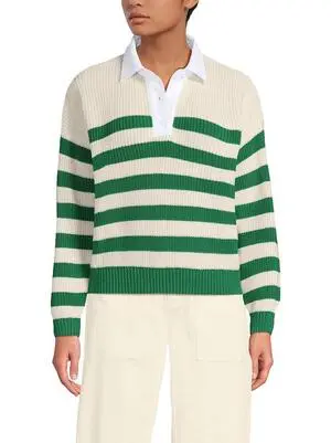 LANDS' END Drifter Rugby With Woven Collar Sweater Vibrant Clover Stripe