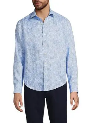 LANDS' END Long Sleeve Linen Shirt Crisp Blue Mosaic