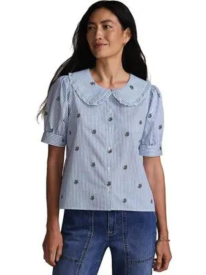 LANDS' END Puff Sleeve Ruffle Collar Shirt - White/blue Floral Stripe