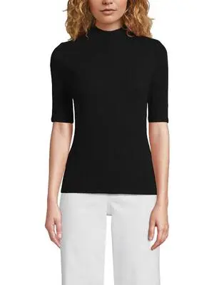 LANDS' END Elbow Sleeve Pointelle Rib Mock Neck Pullover