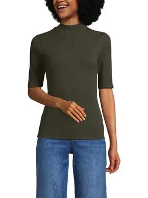 LANDS' END Elbow Sleeve Pointelle Rib Mock Neck Pullover - Forest Moss