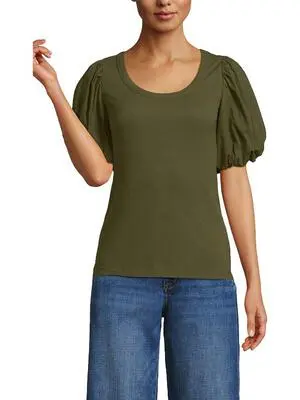 LANDS' END Rib Puff Sleeve Scoop Neck Top - Olive Drab