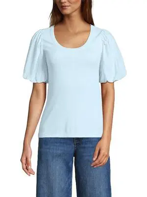 LANDS' END Rib Puff Sleeve Scoop Neck Top - Soft Ice Blue