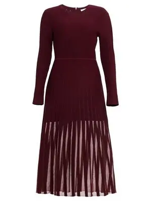 MILLY Sheer Ribbed A-line Midi Dress - Burgundy