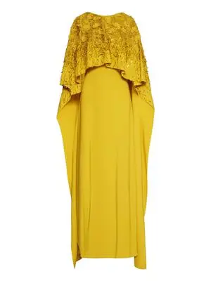 Oscar De La Renta Peony Sequin And Raffia Embroidered Caftan - Yellow