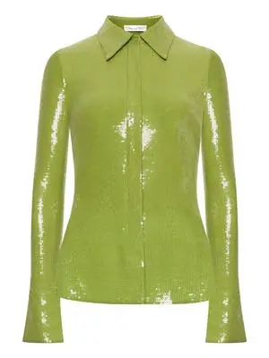 Oscar De La Renta Sequin Jersey Blouse - Green