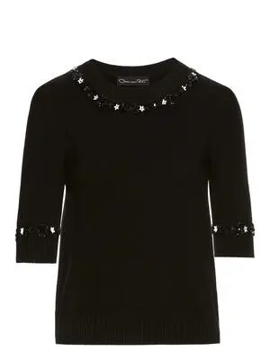 Oscar De La Renta Sequin Floret Trim Pullover - Black