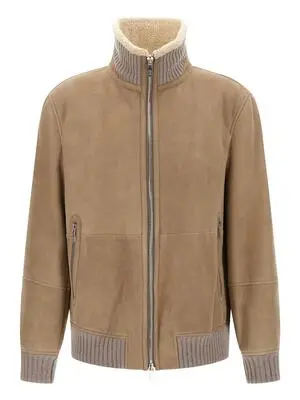 Brunello Cucinelli Suede And Shearling Bomber Jacket - Beige