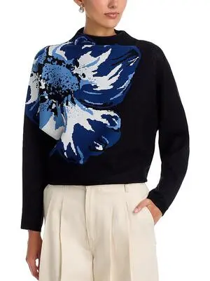 T Tahari Funnel Neck Floral Print Sweater - Black And Swiss Blue