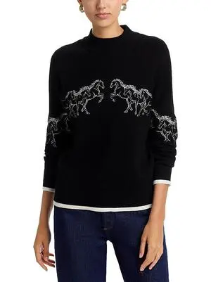 T Tahari Horse Embroidered Mock Neck Sweater - Black/white