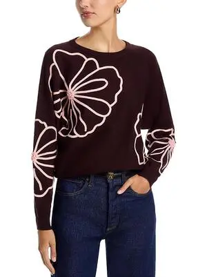 T Tahari Floral Embroidered Pullover Sweater - Espresso Bean