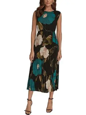 Donna Karan New York Chiffon Pleated Midi Dress - Midnight/green Multi