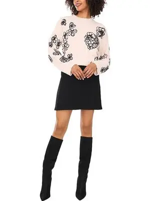 Vince Camuto Embroidered Crewneck Sweater - Sugar Heather