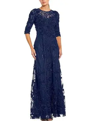 Mac Duggal 3/4 Sleeve High Neck Embroidered A-line Gown - Navy