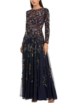 Mac Duggal Beaded Mesh Long Sleeve A-line Gown - Midnight Multi