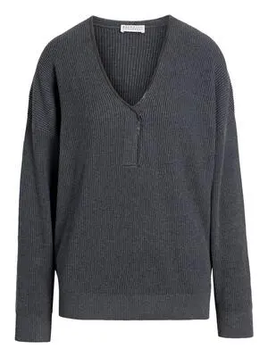 Brunello Cucinelli Ribbed Cotton Sweater With Bead Embellishment - Anthracite
