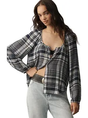 PILCRO Plaid Scoop-neck Top - Blue Pattern