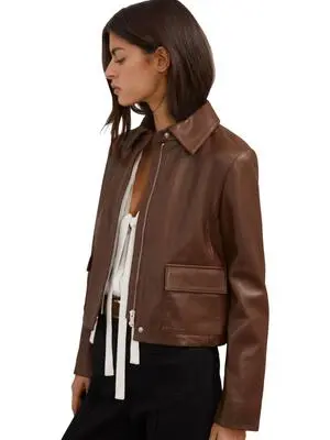 REISS Drew Collared Leather Jacket - Mocha Brown