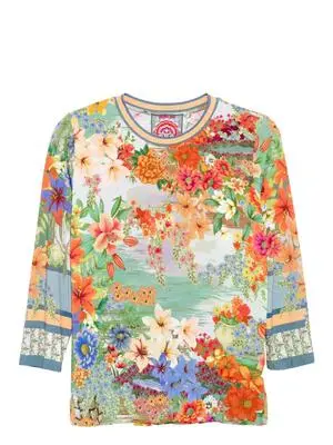Johnny Was Janie 3/4 Sleeve Crew Neck T-shirt - Blue
