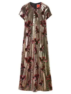 La DoubleJ Sequin Floral Midi Dress - Brown