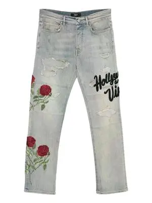 Amiri Rose Embroidered Distressed Jeans - Blue