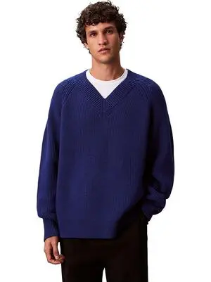 Calvin Klein Relaxed V-Neck Merino Wool Blend Sweater Bellwether Blue