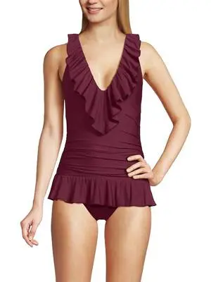 LANDS' END Skirted One-piece Swimsuit - Burgundy Spritz