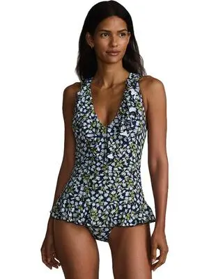 LANDS' END Skirted One-piece Swimsuit - Navy Mini Bloom Floral