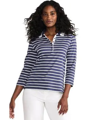 LANDS' END 3/4 Sleeve Supima Cotton Polo Shirt - Deep Sea Breton Stripe Tipped