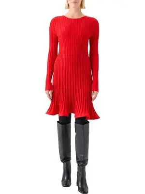 Akris Long Sleeve Ribbed Wool Dress - Vermillion