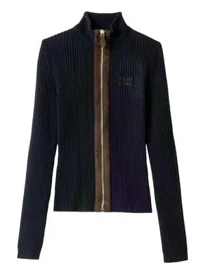 Miu Miu Leather-trim Ribbed Zip-up Cardigan - Blue