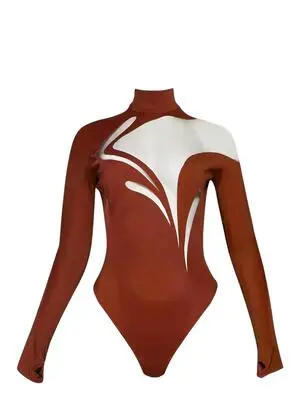 MUGLER High-neck Long-sleeve Bodysuit - Brown