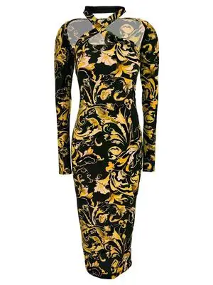 Versace Barocco-print Long-sleeve Midi Dress - Black