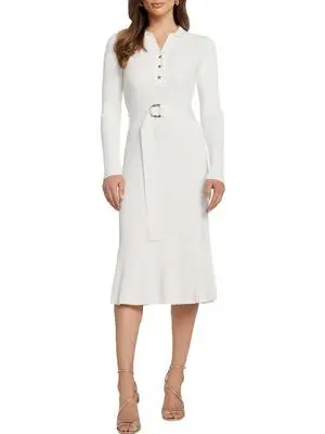 MARCIANO Agathe Rib Polo Midi Sweater Dress - White