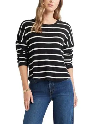 Caslon Long Sleeve Waffle Knit T-shirt - Black- Ivory Stacy Stripe