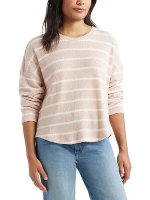 Caslon Long Sleeve Waffle Knit T-shirt - Pink Smoke- Ivory Stacy Stripe