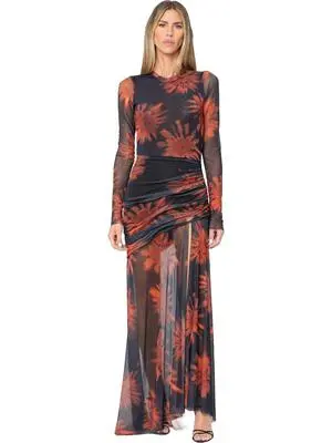 JBQ Abstract Floral Print Mesh Maxi Dress - Crimson Blossom