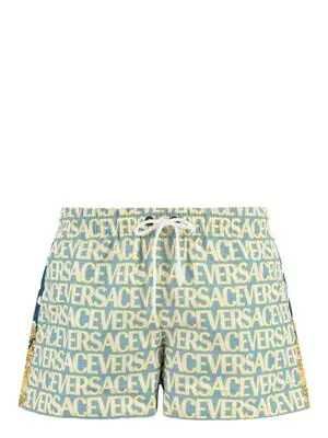 Versace Allover Logo Print Swim Shorts - Blue/white