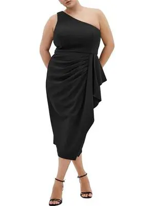 City Chic One-shoulder Ruffle Midi Dress - Black