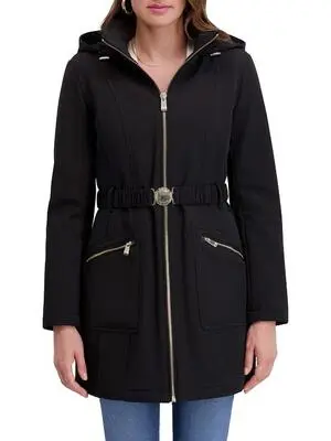 Kensie Soft Shell Hooded Belted Zip-Up Coat Black