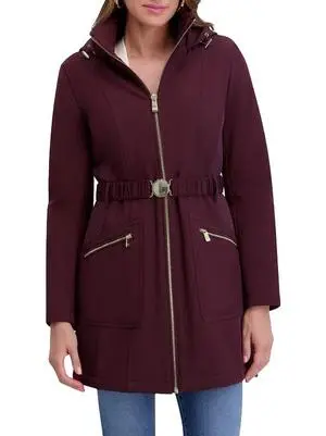 Kensie Soft Shell Hooded Belted Zip-up Coat - Burgundy