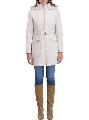 Kensie Soft Shell Hooded Belted Zip-Up Coat Ivory